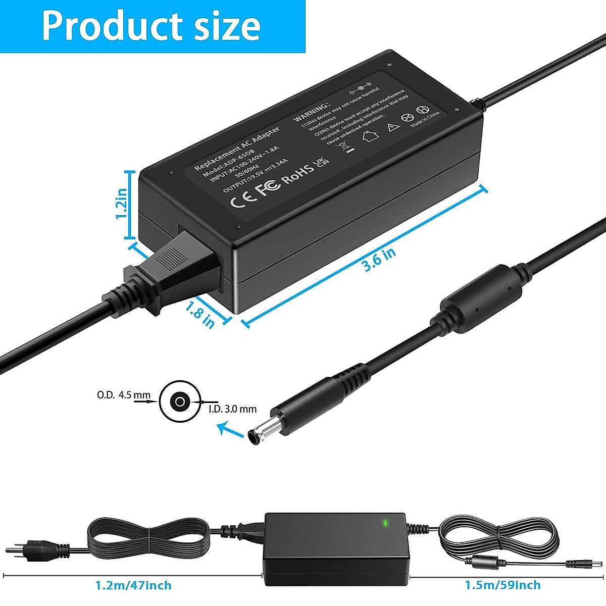Laptop Charger Cord for Dell Inspironn, 19.5V 3.34A 65W 60W 19.5V 2.31A 45W AC to DC Power Adapter with 7.4 * 5.0mm 4.5 * 3.0mm Charging Connectors.