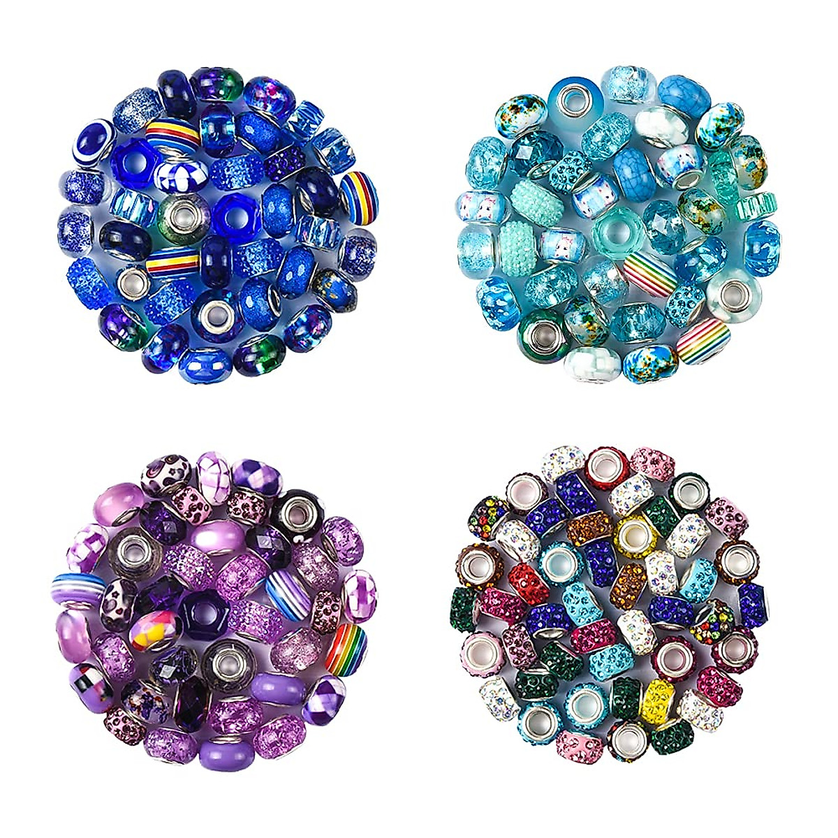 Aipridy Assortment European Large Hole Beads Spacer Beads Rhinestone Craft Beads for DIY Charms Bracelet Jewelry Making (Purple-Lake Blue-Blue)