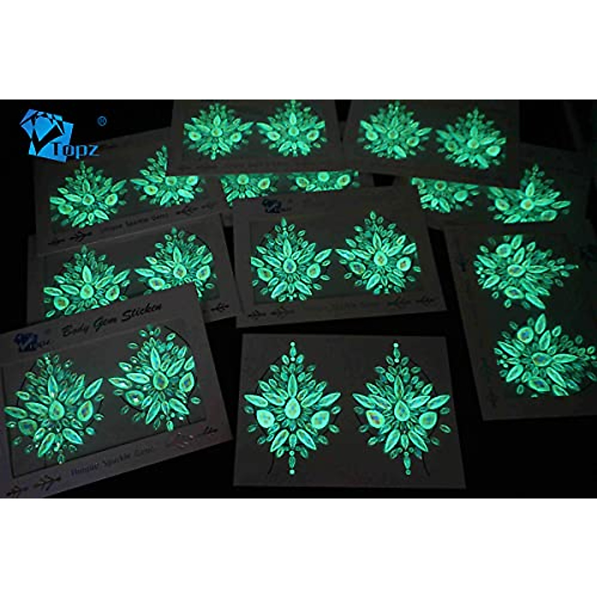 Topz Glow in The Dark face gems Halloween Makeup Body gems Stick on Body Jewels Festival Rhinestone Sticker Mermaid Body Makeup Rave Accessories for Adult Costume (TP351 Chest Paste)