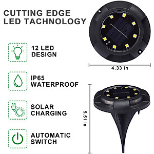 K.E.J. Solar Ground Lights Outdoor 12 Led Disk Lights Garden Lights Solar Powered Waterproof In-Ground Outdoor Landscape Lighting for Patio Pathway Lawn Yard Deck Driveway Walkway (12 Pack)