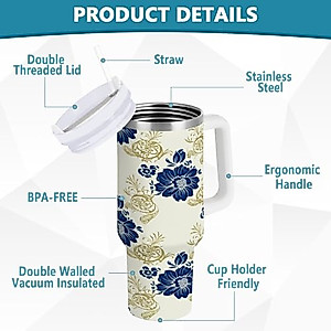 RPLIFE Blue and White Floral Tumbler Cup, Stainless Water Bottle, Water Tumbler with Straw