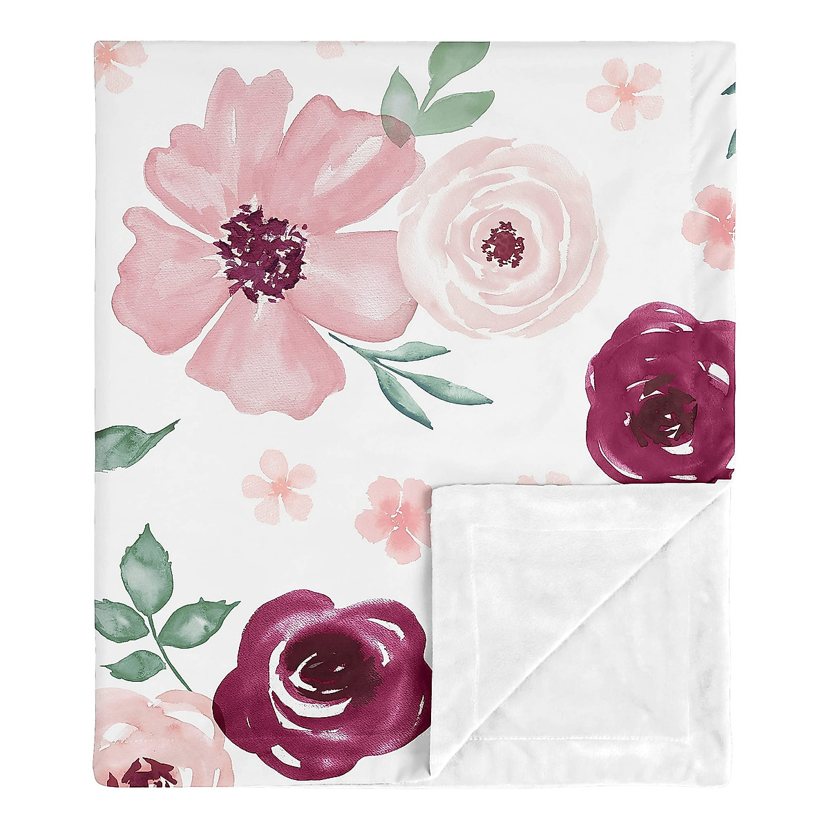Sweet Jojo Designs Burgundy and Pink Watercolor Floral Baby Girl Blanket Receiving Security Swaddle Newborn Toddler Nursery Soft Minky - Blush Maroon Wine Rose Green White Shabby Chic Flower Farmhouse