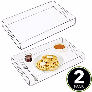 mDesign Modern Acrylic Rectangular Serving Tray with Built-in Handles for Food, Tea, Coffee, Breakfast, Snacks, Cheese, Appetizers - Use in Kitchen, Bathroom, Office - Medium, 2 Pack - Clear
