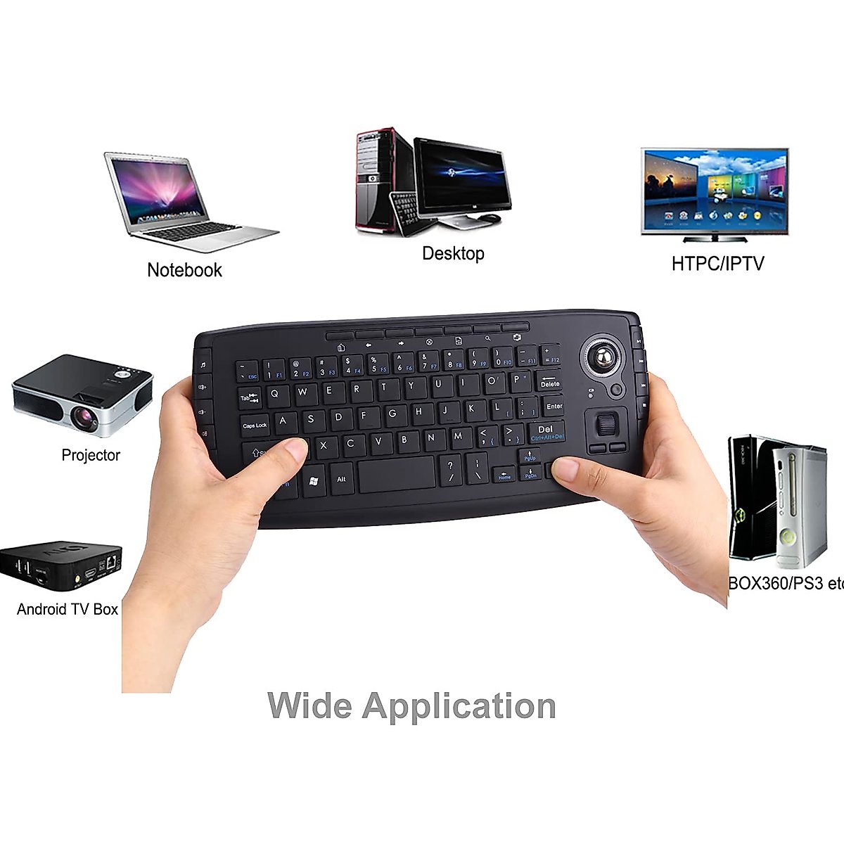 Fonicer Multimedia 2.4Ghz Wireless Mini Keyboard with Trackball Mouse Scroll Wheel for PCMacAndroid Tv Box, Remote Controller,X Structure, Black
