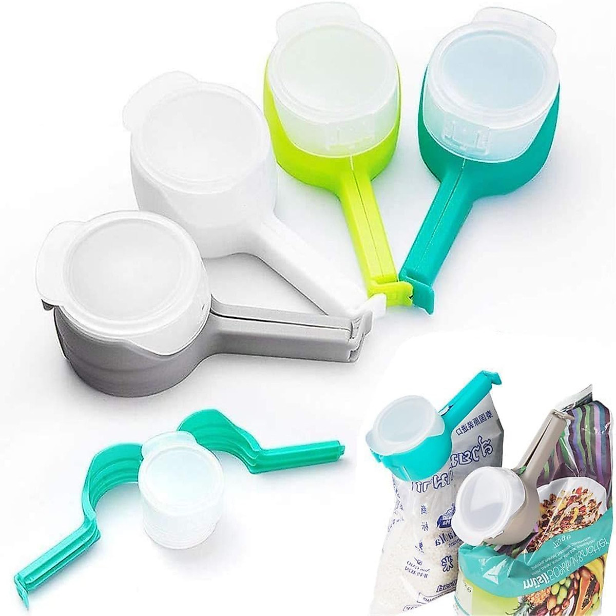 PodaFu 4PCS Bag Clips with Pour Spout, Sealing Clips with Pouring Spouts, Great for Organizing and Storing Food in the Kitchen (4 Colors)