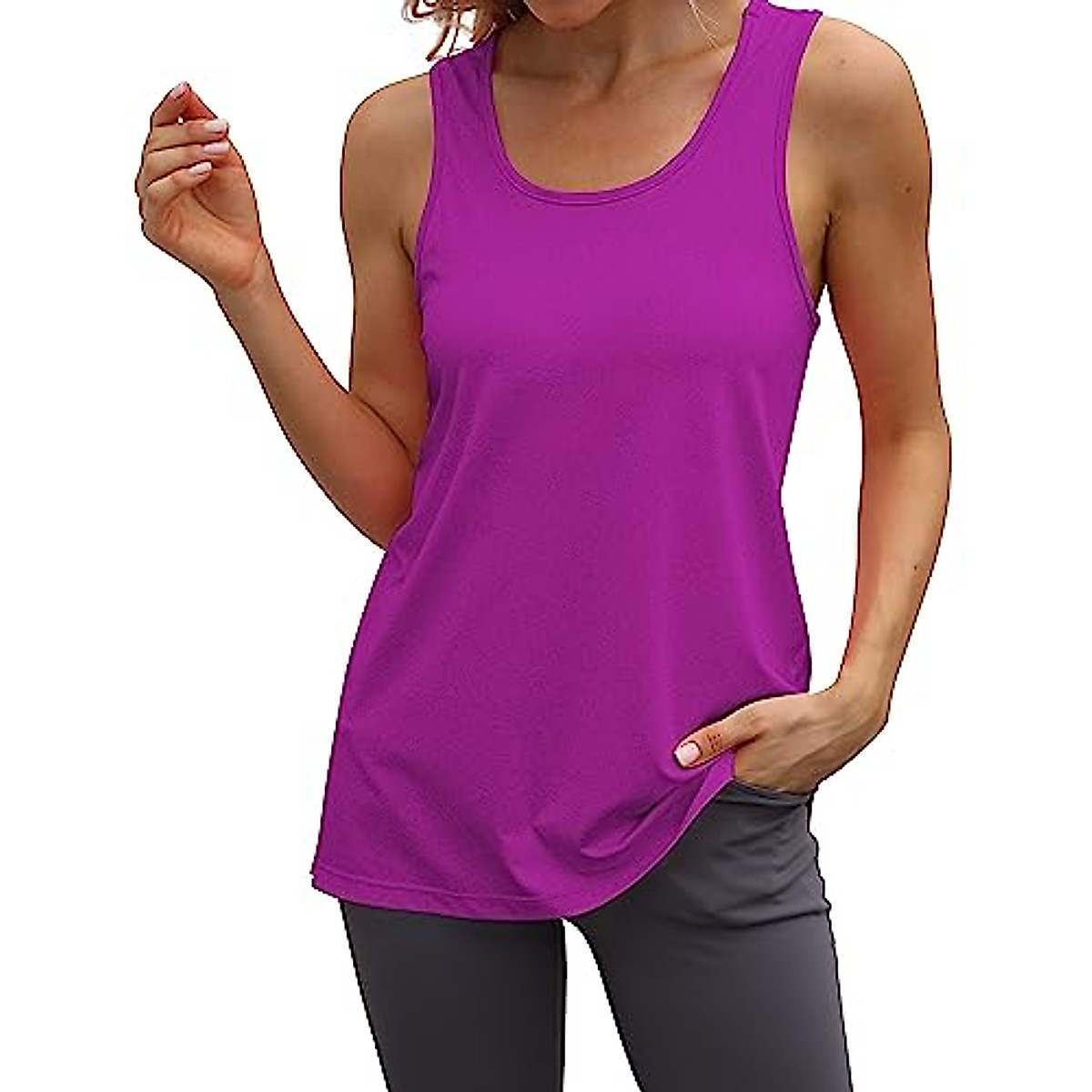Cakulo Workout Long Tank Tops for Women Plus Size Loose Fit Athletic Shirts Exercise Gym Muscle Active Yoga Swimwear Sport Swimwear Razorback Sleeveless Tops Heather Purple 3XL