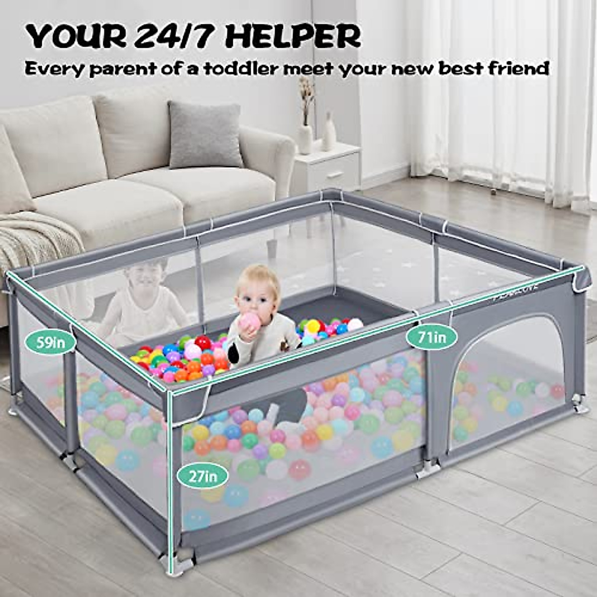 Baby Playpen, 71x59 Extra Large Playpens for Babies and Toddlers, Safe No Gaps Kids Play Yard with Breathable Mesh 2 Handles, Baby Gate Playpen, Baby Fence Indoor & Outdoor （Gray）