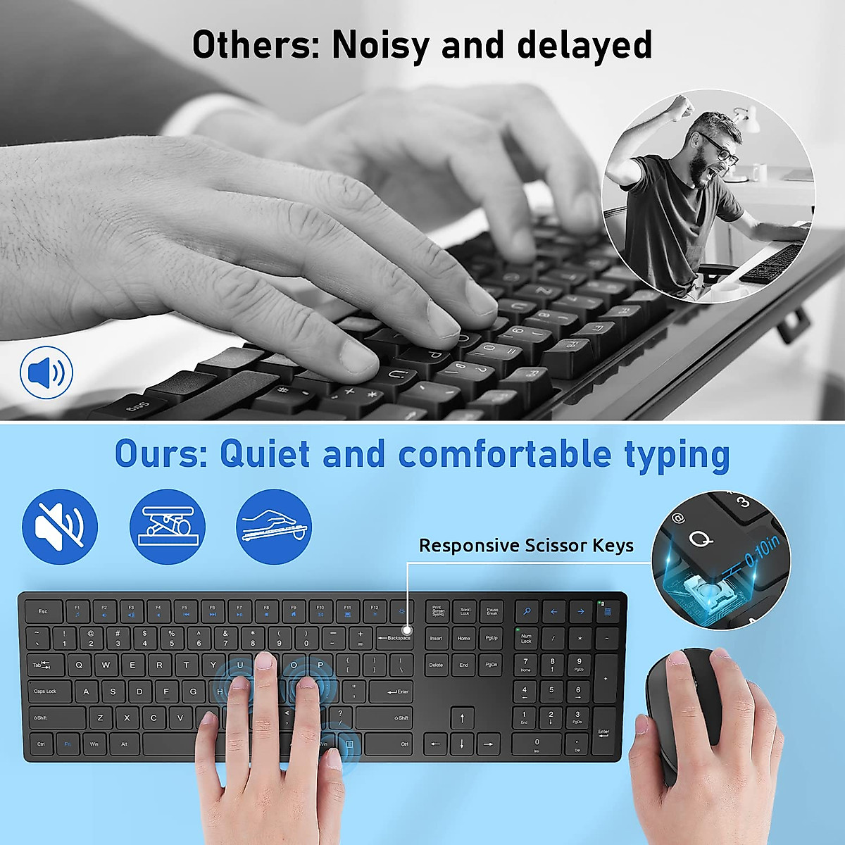 Wireless Keyboard and Mouse, Super Slim Keyboard with Responsive Keys, Silent Mouse and 2.4GHz USB Receiver, Battery Powered Full Size Cordless Combo for Mac, Computer, PC, Chromebook (Black)