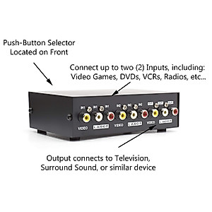 THE CIMPLE CO 2 Way AV Switch - 2 Input 1 Output RCA Selector Switch for Composite Audio and Video - Switcher Box - Includes RCA Composite Cable (Black)