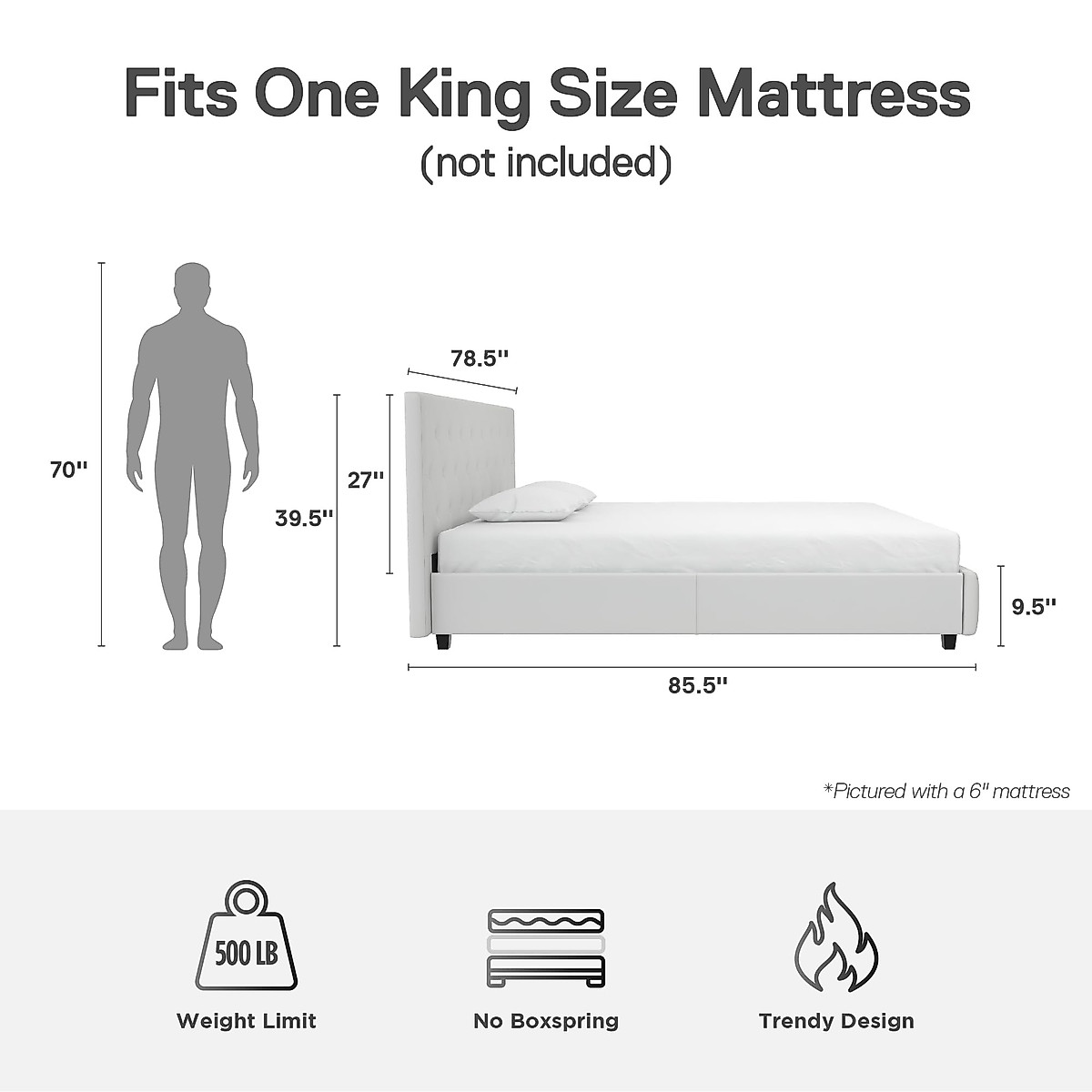 DHP Dakota Upholstered Platform Bed with Diamond Button Tufted Headboard and Footboard, No Box Spring Needed, King, White Faux Leather