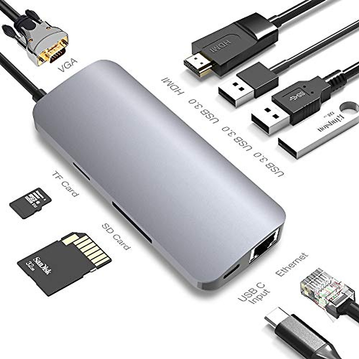 XUNMAIFHB Portable Docking Station,Type-C HUB ExpansionDock HD HDMI VGA with Display Dock Gigabit Ethernet Card USB-C PD, USB 3.0, TF/SD, RJ45, VGA, HDMI Fast Transmission