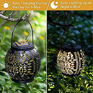 Solar Lantern Outdoor, 2 Pack Solar Hanging Lantern Lights with Shepherd Hooks, Solar Powered Lantern Waterproof with Handle, Christmas Decorative LED Garden Lights for Patio Courtyard Table Pathway