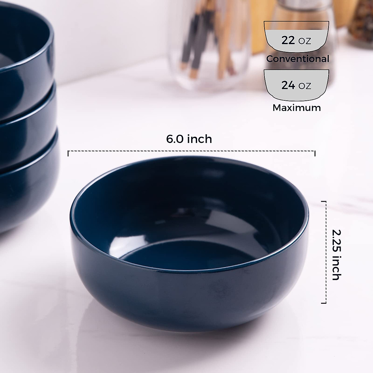 AmorArc Stoneware Cereal Bowls Set for kitchen, 22oz Ceramic Soup Bowls Set of 4 for soup cereal snacks meal, Microwave&Dishwasher Safe, Navy Blue