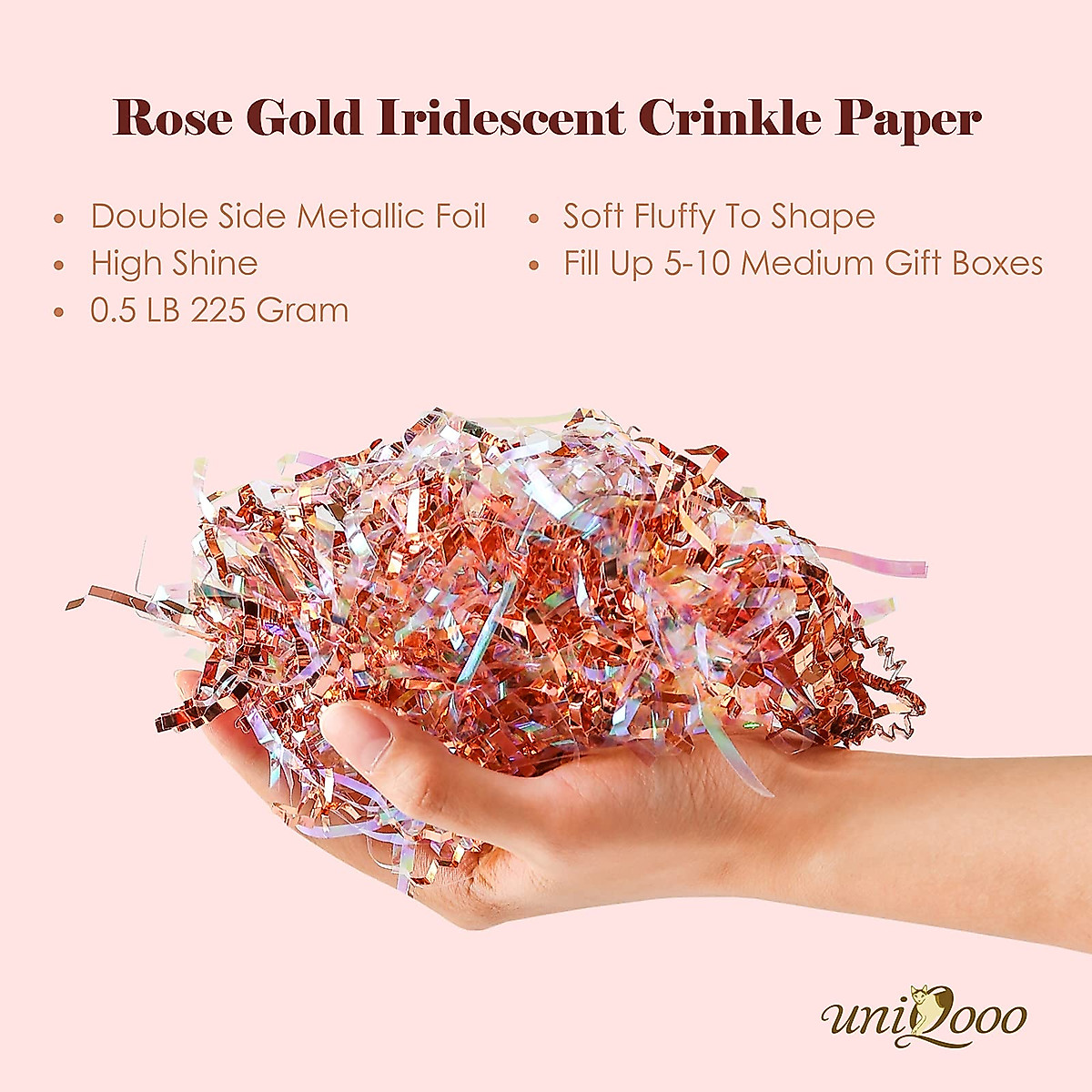 UNIQOOO 1/2 LB Metallic Iridescent Rose Gold Crinkle Cut Paper Shredded Filler, Rosy Pink Gold Grass Raffia Tissue, Strands Shred Craft Bedding Cushion Paper, For Christmas Gifts Wedding Birthday Bridesmaid Engagement Gift Boxes Bags Retail Decoration