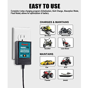 Aowel 750mA Trickle Battery Charger, 12V Fully-Automatic Smart Charger Battery Maintainer for Cars, Motorcycle, ATVs and More