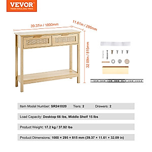 VEVOR Rattan Console Table with 2 Storage Drawers, Rattan Entryway Table with Natural Rattan Sliding Door, Console Sofa Table for Living Room, Study, Entryway Or TV Wall, Natural