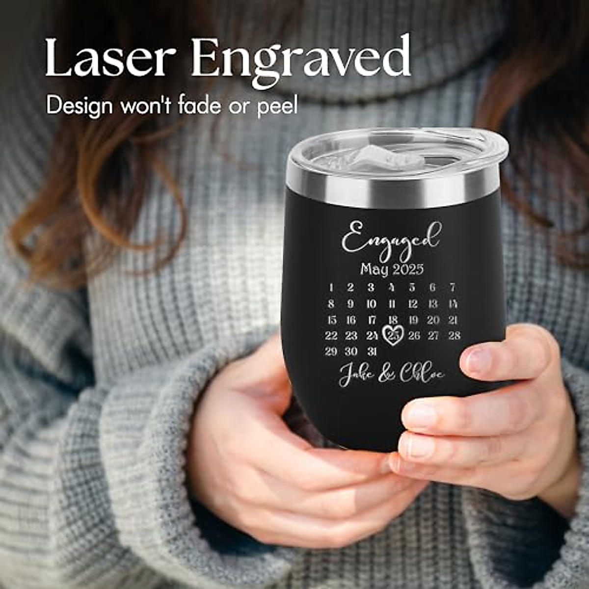 Custom Wedding Engaged Calender Save the Date Keepsake Engraved Insulated Stainless Steel Wine Tumbler with Lid 12 oz. Personalized Engagement Announcement Gift for Bride Groom (Black)