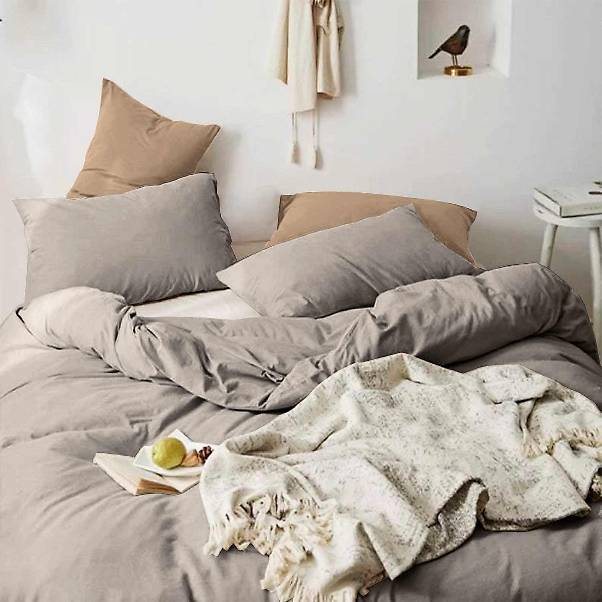 ETDIFFE Tan Queen Size Comforter, 3pc Soft Farmhouse Taupe Bedding Set & Collection, Lightweight All Season Microfiber Down Alternative Bed Comforter with 2 Pillow Shams for Women Men