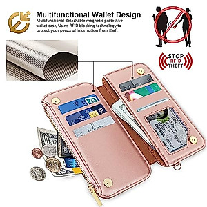 CIVICASE 2 in 1 Wallet Case for iPhone 13 / iPhone 14,Magnetic Detachable Flip Folio Phone Case,RFID Card Protection,6 Card Slots Zipper Pocket,Wireless Charging Compatible Magsafe [Rose Gold]