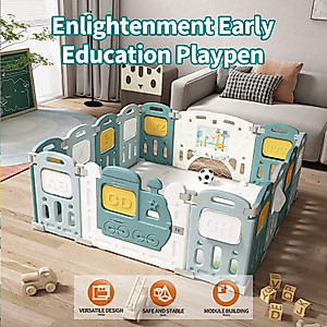 UNICOO – Baby Playpen, Foldable Kids Fence Activity Center, Safety Playard with Games Station Non-Slip Rubber Bases, Adjustable Shape, Portable Design (ZC-001-MGW Mint Green+White)