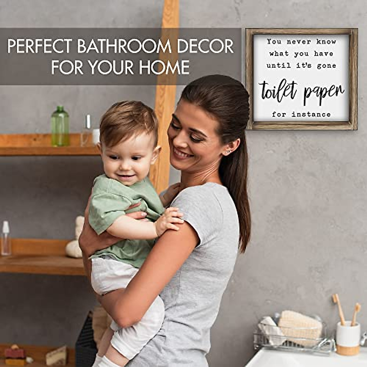 COM-PAD Funny Farmhouse Bathroom Decor Signs - 6 Interchangeable Wall Decorations w/ Hilarious Sayings and Rustic Frame - Instantly Create a Fun Filled Bathroom In Your Home