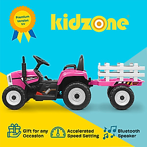 Kidzone 12V 7AH Treaded Tires with Dual 25W Motors Remote Control Battery Powered Electric Tractor with Trailer Toddler Ride On Toy with 3-Gear-Shift 7-LED Lights, MP3 Audio - Pink