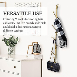 MyGift 9 Hook Wall Mounted Modern Gold Tone Metal Hat and Coat Hanger Tree, Decorative Entryway Vertical Hanging Garment Rack with Branch Style Hooks for Umbrellas Scarves Purses