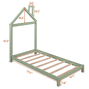 Harper & Bright Designs Twin Size Kids Bed with House-Shaped Headboard, Toddler Floor Bed with Solid Wood Slats,Twin Platform Bed Frame for Girls Boys,No Box Spring Needed,Green