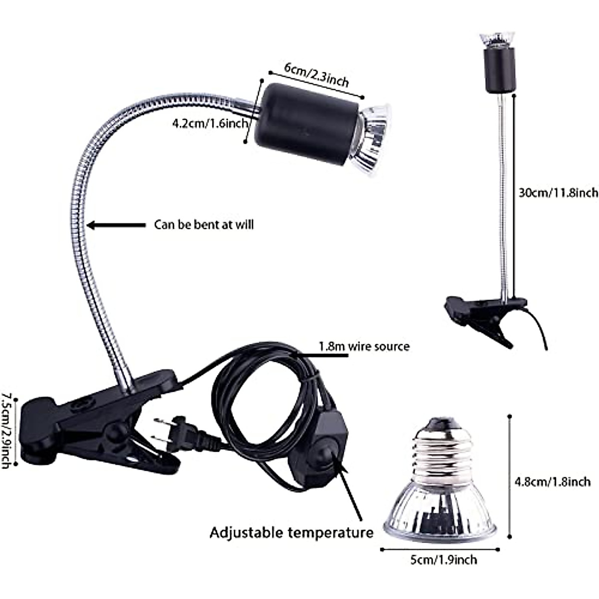 Sinroy Reptile Heat Lamp,Turtle Heating Light with Clip, 2 Pack UVA UVB Bulbs Temperature Adjustable Basking Lamp for Pet Amphibian Reptile Turtle Lizard Snake Chicken(75W,Black)
