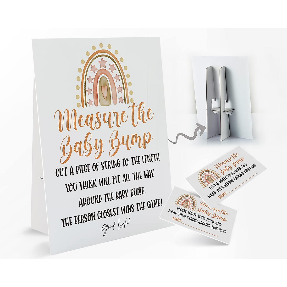 How Big is Mommys Belly Game, Measure Mommy's Belly Sign(Sign 8x10 Inch), Boho Rainbow Theme Baby Shower Games, Baby Showers Decorations, 1 Standing Sign + 50 Guessing Cards(bump58)