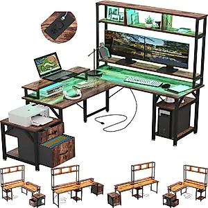 SZXKT L Shaped Desk with Drawers,Corner Desk with Storage,Gaming Desk with Power Outlet,L Desks for Home Office with Monitor Stand and LED Lights, Desk with Shelves and Bookshelf,Rustic Brown