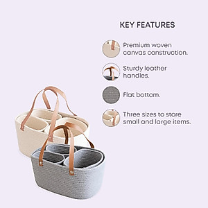 Oliver & Emilia Storage Basket – Portable Small Decorative Woven Cotton Rope Organizer - Leather Handle & Three Removable Bins for Toy, Baby Gift, Laundry, Living Room, Nursery, Towel, Blanket - Grey