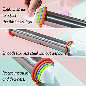 Shacoryze Rolling Pin with 4 Thickness Rings, Adjustable French Dough Roller Stainless Steel Nonstick Pastry Mat Spatula Brush Set for Baking Fondant, Pizza, Tortilla, Pasta, Pie, Pastries, Cookies