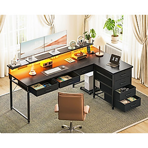 AODK 61" L Shaped Desk with 7 File Drawers, Gaming Desk with LED Light & Power Outlet, Reversible Home Office Desk with Monitor Shelf & Movable CPU Stand, Corner Computer Desk, Black
