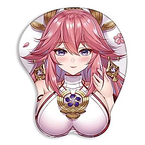 Mice Pad Genshin Impact Cute Yea-Miko Anime Mouse Pad with Wrist Rest Support 3D Oppai Silicone Gel Desk Mat Ergonomics Mousepads (Pink)