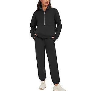 Flygo Womens Fleece 2 Piece Outfits Sweatsuit Half Zip Pullover Sweatshirt Joggers Pants Tracksuit Set (Black-M)