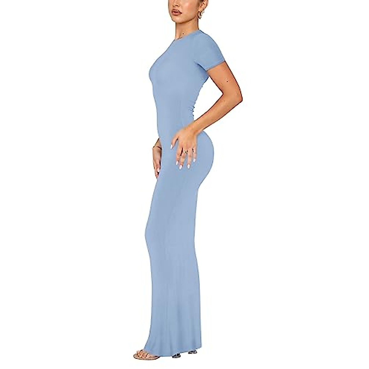 REORIA Women's Summer Sexy Casual Lounge Long Dress Elegant Wedding Guest Short Sleeve Crew Neck Bodycon Maxi Dresses Blue Small