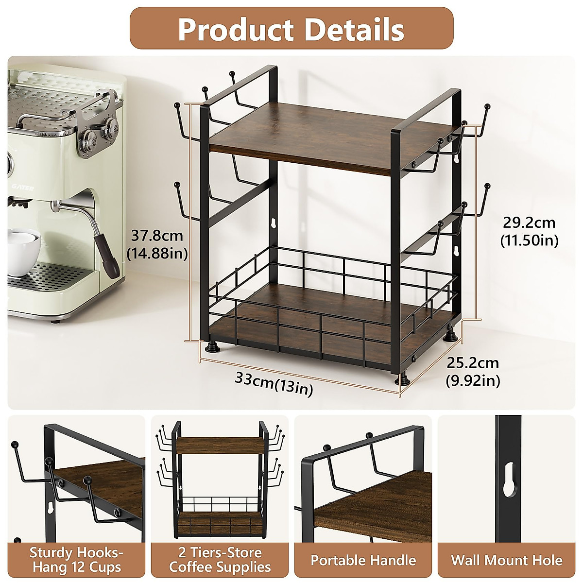 PONEYA 2 Tier Coffee Bar Organizer for Countertop, Coffee Mug Holder with 12 Hooks, Space-Saving Coffee Cup Stand for Storage Cups, Mugs, Syrups, Tea Bag, Kitchen Home Accessories