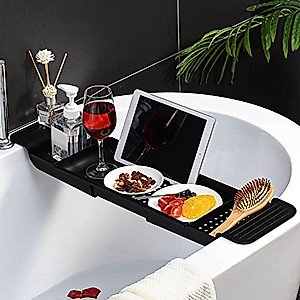 Bathtub Caddy Tray, Bathtub Accessories with Draining Design Breathable Without Moisture, Stable Placement, Can Hold Variety of Items, Expandable Plastic Bath Shelf (Black)