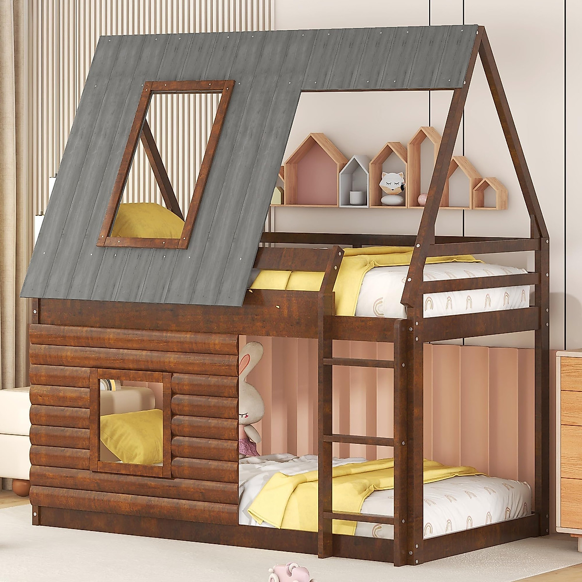 LostCat Twin Over Twin Bunk Bed Wood Frame House Shaped with Roof, Ladder and 2 Windows for Kids Teens Girls Boys, Oak & Smoky, No Box Spring Required, Brown