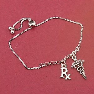 QIIER Pharmacist Gift RX Bracelet RX Symbol Pharmacy Charm Slider Bracelet Pharmacy Technician Jewelry Pharmacy Student Graduation Gift (silver)