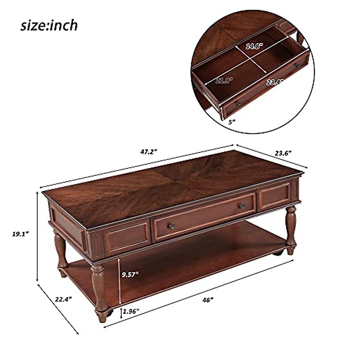 AOCOROE Large Wood Coffee Table with Lockable Casters French Country Style Coffee Table with Drawers. 47 Inch Center Table for Living Room