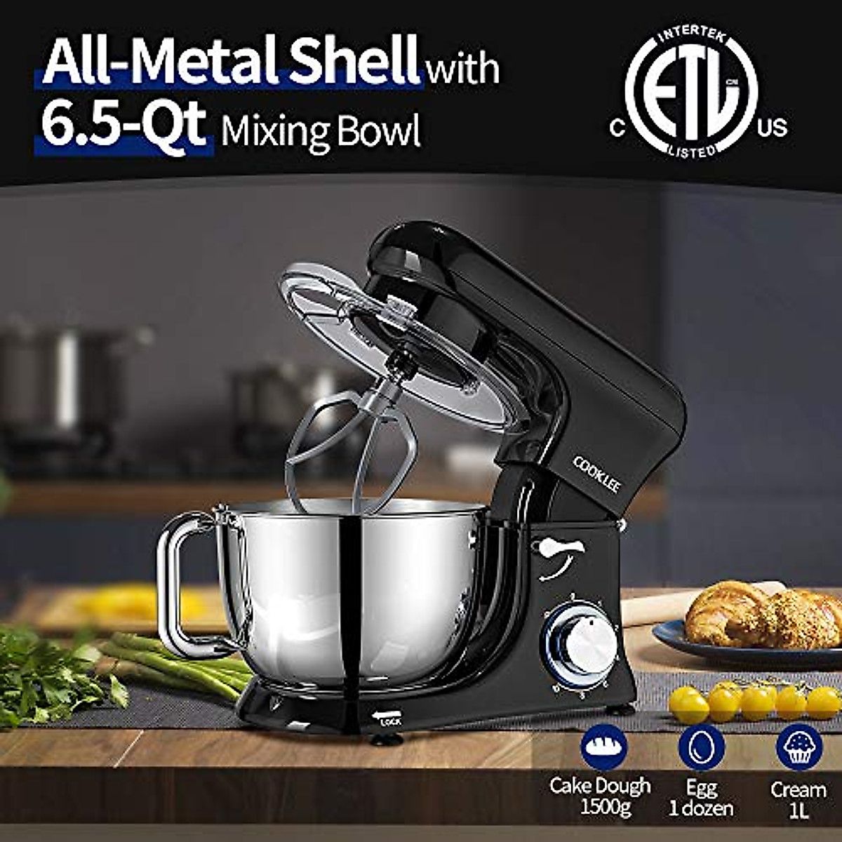 All-Metal COOKLEE Stand Mixer,6.5Qt Kitchen Electric Mixer with Dishwasher-Safe Dough Hooks, Flat Beaters, Whisk & Pouring Shield Attachments for Most Home Cooks, Bright Black