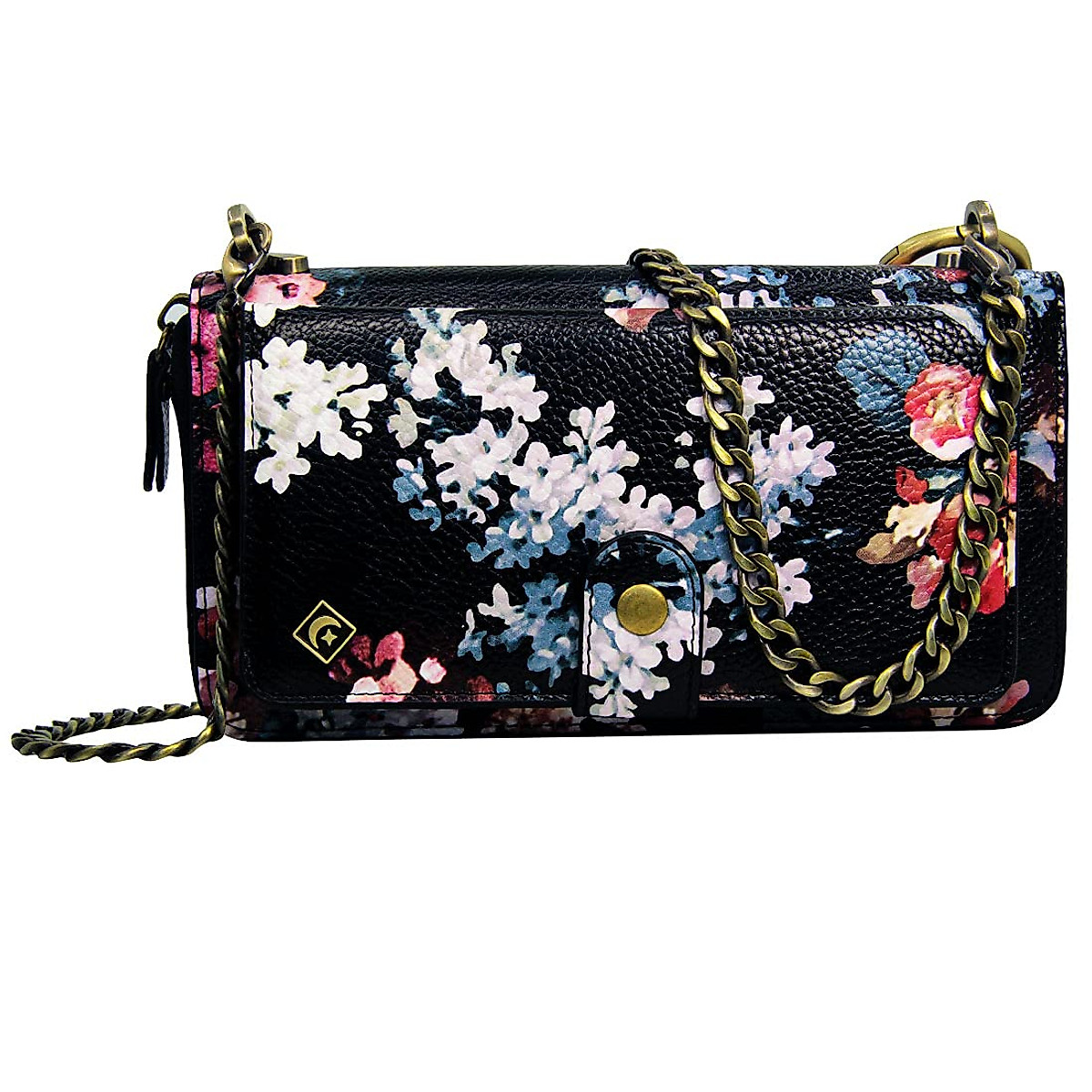 XGrand iPhone 13 Pro Max [3 in 1] Detachable Magnetic Zipper Purse Slots Money Pocket Clutch Crossbody Chain Wrist Strap Leather Wallet Cases - Black Floral