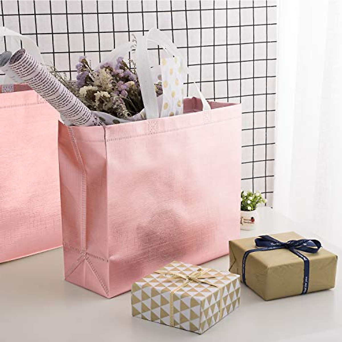 Whaline Set of 12 Reusable Rose Gold Gift Bags Glossy Glitter Tote Bag with Handles Large Size Stylish Party Holidays Favor Bags for Wedding Birthday Party Valentines Mother's Day Christmas