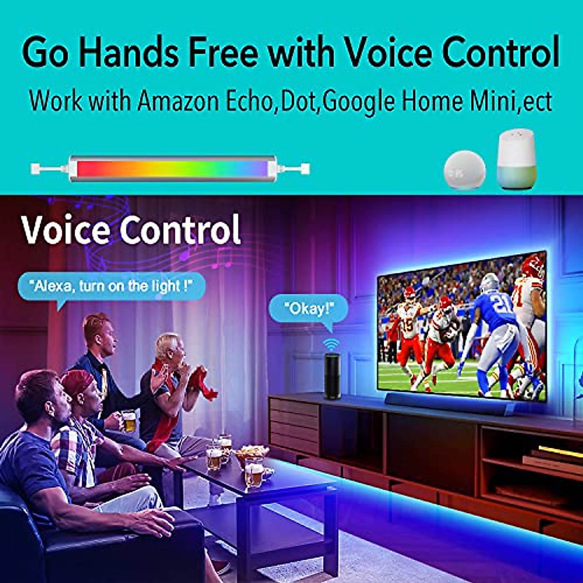 Smart Under Cabinet Lights,Color Changing & White 20Inch Cabinet Lighting Plug In,RGB LED Light Bar for Kitchen,Room Ambient,Alexa,Google Home,Smart Phone Control,Multi Colored Strip Lights,1pcs