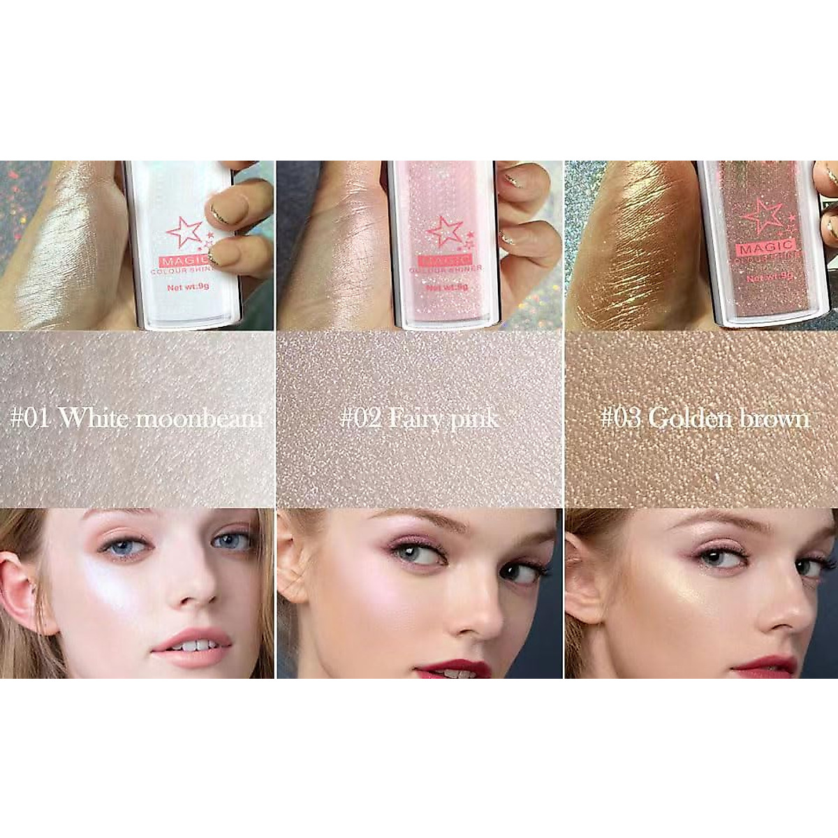 3 Color Glitter Powder Highlighter Makeup, Body Brightens the Natural Three-Dimensional Face Blusher Fairy Highlight Patting Powder.