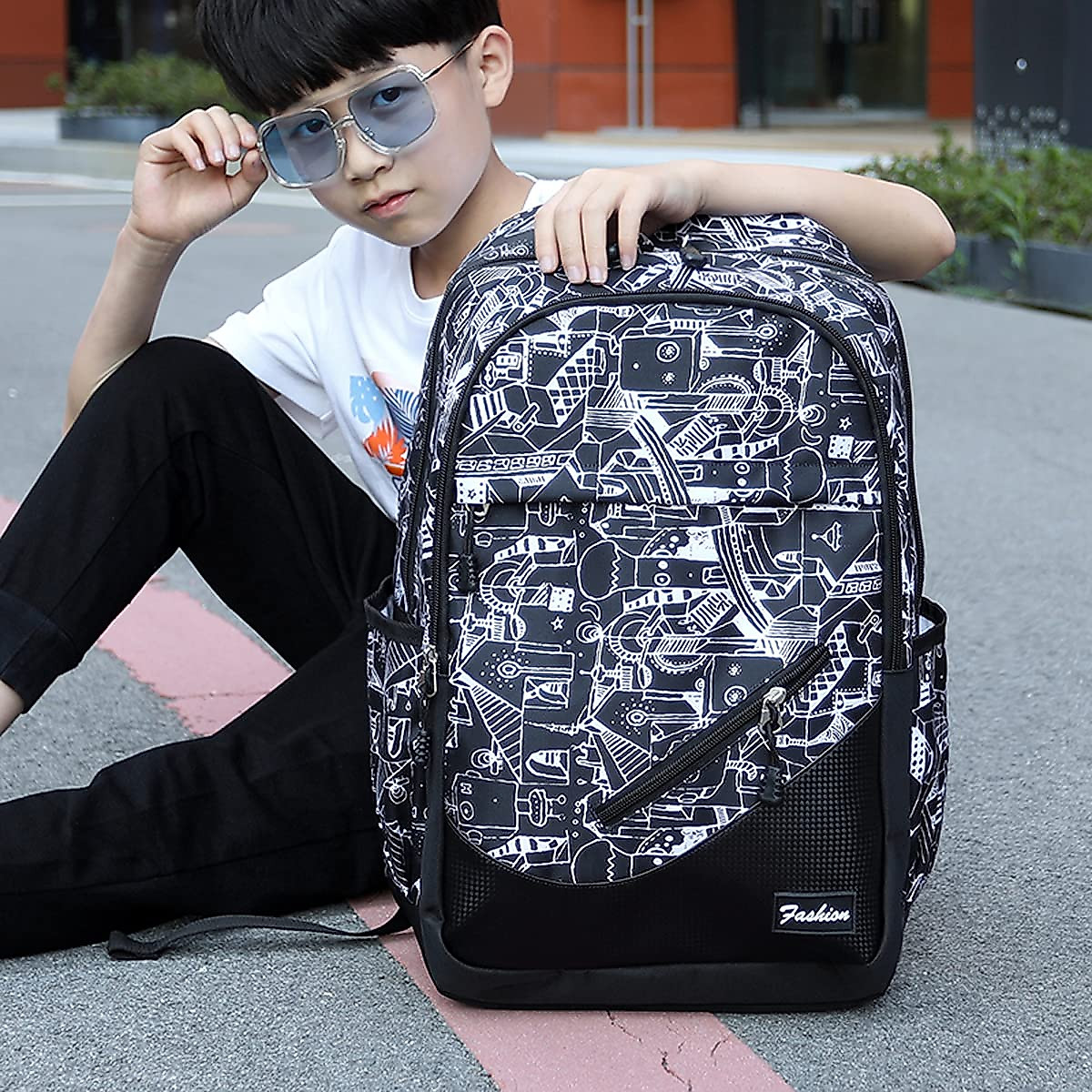 Ozmego Boys School Backpacks Midlle School College Bookbag for Teens Boys Girls (Black Print)