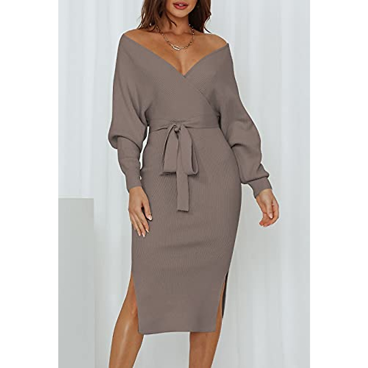 Pink Queen Womens V Neck Sweater Wrap Dresses Batwing Sleeve Sexy Backless Bodycon Slit Maxi Knit Dress with Belt Khaki L