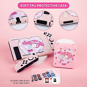 RHOTALL Cute Bunny Carrying Case for Nintendo Switch, Pink Potable Travel Case Accessories Bundle for Switch with Protective Shell, Shoulder Strap, Game Card Case, Screen Protector and 2 Thumb Caps